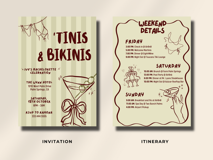 Tinis and Bikinis Bachelorette Party Invitation + Itinerary Canva Temp ...
