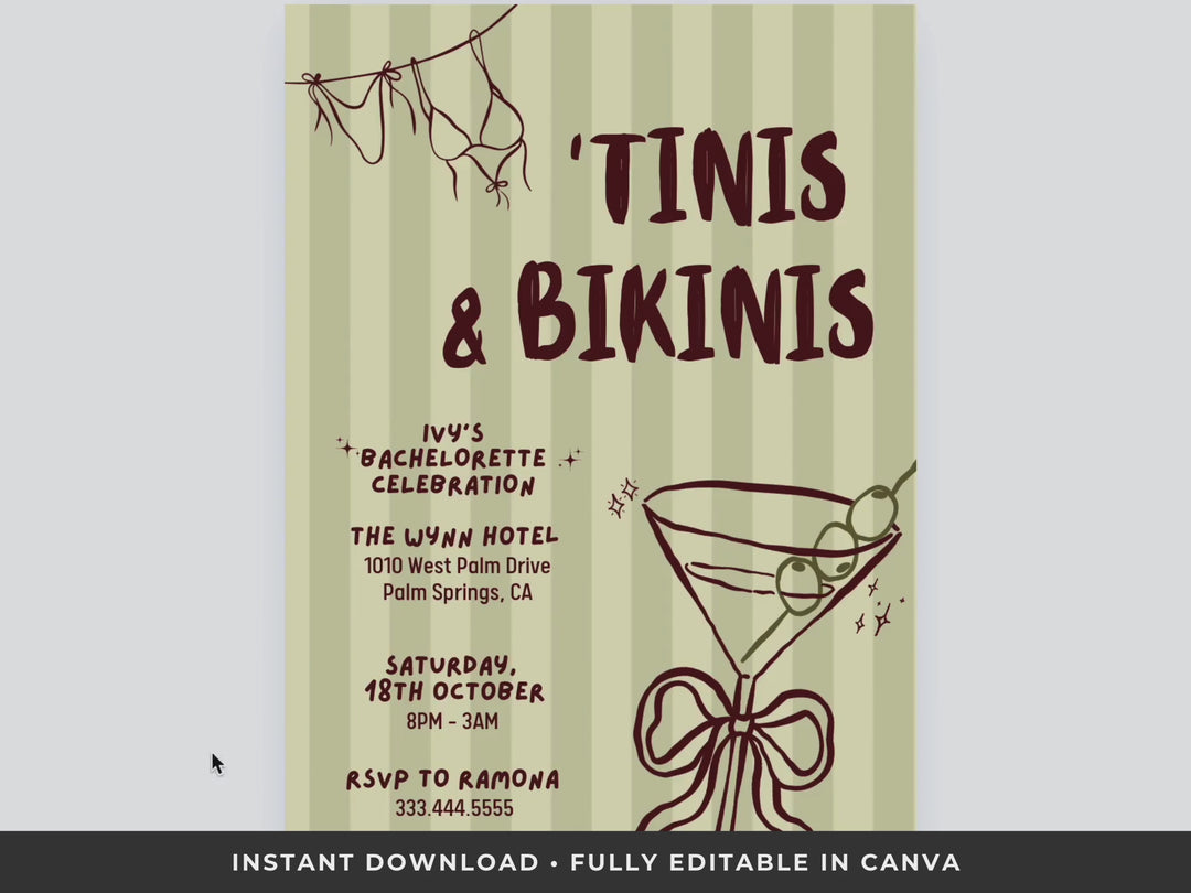 Tinis and Bikinis Bachelorette Party Invitation + Itinerary Canva Temp ...